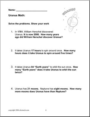Worksheets: Outer Planet Math (elem/ upper elem) | Abcteach
