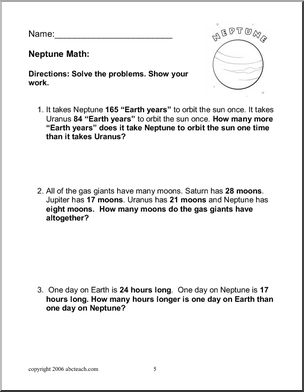 Worksheets: Outer Planet Math (elem/ upper elem) | Abcteach