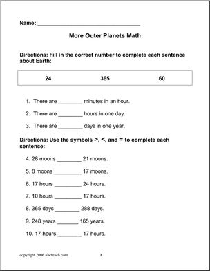 Worksheets: Outer Planet Math (elem/ upper elem) | Abcteach