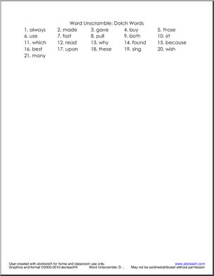 Second Grade Level Set 2′ Dolch Activity Pages – Abcteach