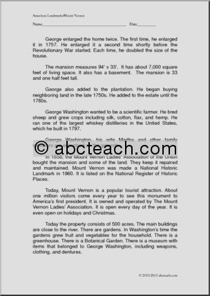 Comprehension: U. S. Landmark - Mount Vernon (elem) | Abcteach