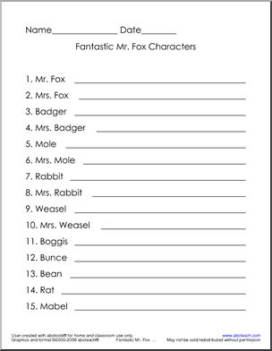 Fantastic Mr. Fox Characters Spelling – Abcteach