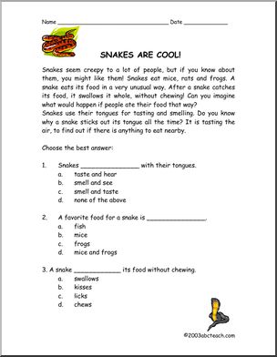 Comprehension: Snakes Are Cool! (primary/elementary) | Abcteach