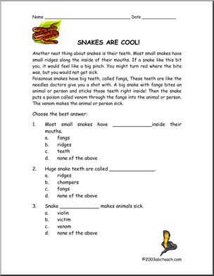 Comprehension: Snakes Are Cool! (primary/elementary) | Abcteach