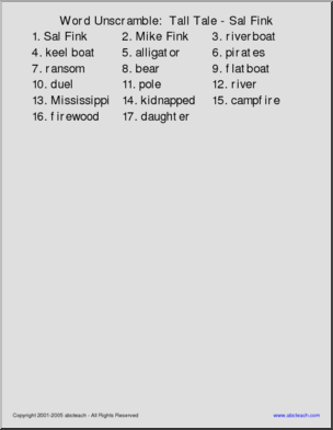 Tall Tale - Sal Fink Unscramble the Words I abcteach.com