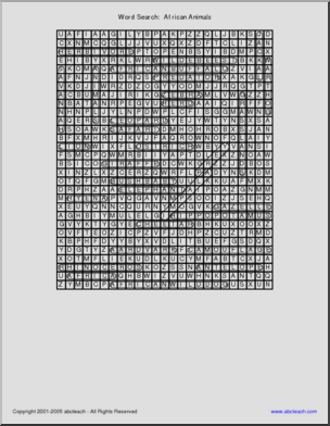 Word Search: African Animals – Abcteach