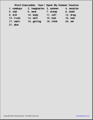 Book - How I Spent My Summer Vacation Unscramble the Words I abcteach.com