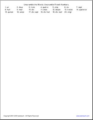 Unscramble the Words: French Numbers. | Abcteach