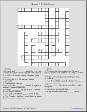 Crossword: “First Settlements” (upper elementary) – Abcteach