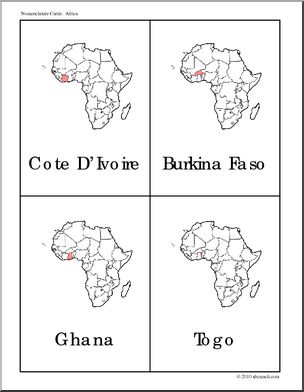 Nomenclature Cards: Continents; Africa Set 1 (red-highlight) | Abcteach