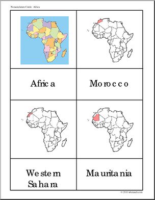Nomenclature Cards: Continents; Africa Set 1 (red-highlight) | Abcteach