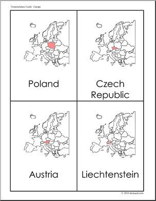 Nomenclature Cards: Continents; Europe Set 1 (red-highlight) – Abcteach
