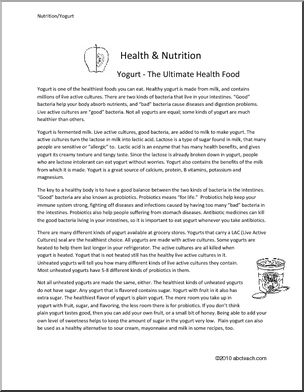 Comprehension: Nutrition; Yogurt, The Ultimate Health Food (upper elem ...