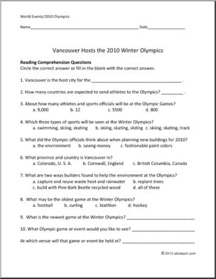 Reading Comprehension: 2010 Winter Olympic Games in Vancouver, Canada ...