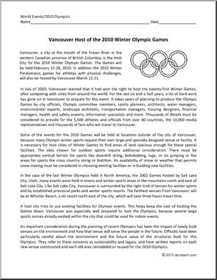 Reading Comprehension: Winter Olympic Games in 2010 - Vancouver - Map ...