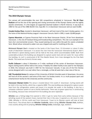 Reading Comprehension: Winter Olympic Games in 2010 - Vancouver - Map ...