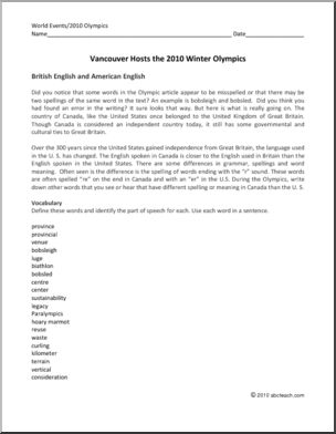 Reading Comprehension: Winter Olympic Games in 2010 - Vancouver - Map ...