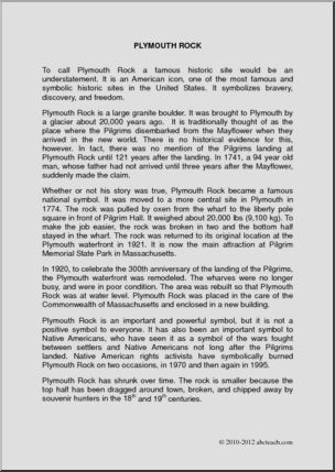 Comprehension: U.S. Landmark – Plymouth Rock (upper elem/middle) – Abcteach