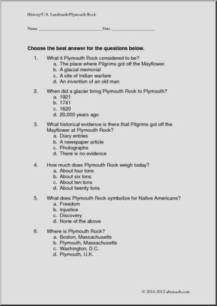 Comprehension: U.S. Landmark – Plymouth Rock (upper elem/middle) – Abcteach