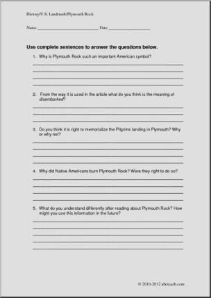 Comprehension: U.S. Landmark – Plymouth Rock (upper elem/middle) – Abcteach