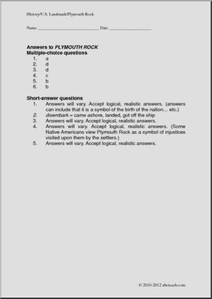 Comprehension: U.S. Landmark – Plymouth Rock (upper elem/middle) – Abcteach