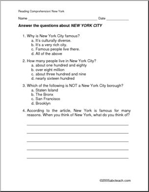 Comprehension: New York City (primary/elem) | Abcteach