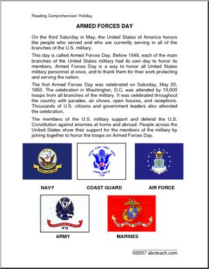 Comprehension: Armed Forces Day (elem/upper elem) | Abcteach