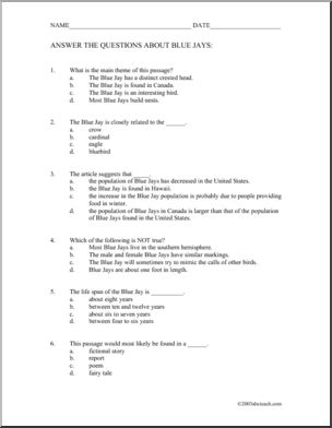 Comprehension: Blue Jays (middle school) | Abcteach