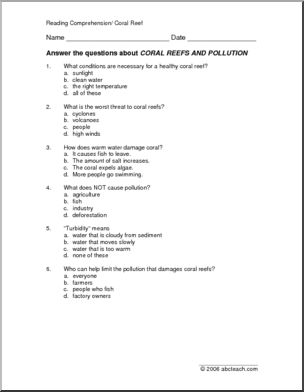 Comprehension: Pollution and Coral Reefs (upper elem/middle) – Abcteach