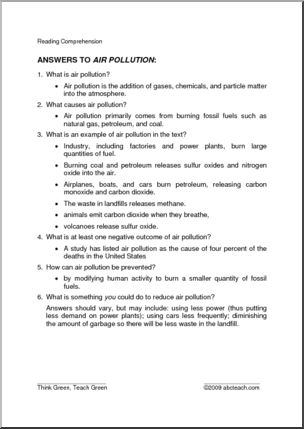 Comprehension: Air Pollution (upper elem/middle) | Abcteach