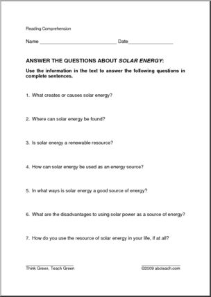 Comprehension: Natural Resources – Solar Energy (upper elem/middle ...