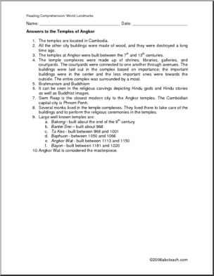 Comprehension: World Landmark - Angkor Wat (upper elem) | Abcteach