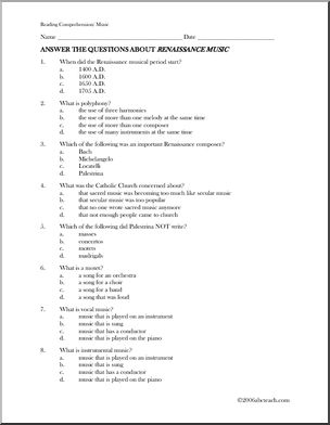 Comprehension: Renaissance Music (upper elem/ middle) | Abcteach