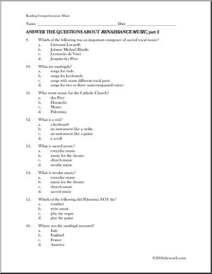 Comprehension: Renaissance Music (upper elem/ middle) | Abcteach