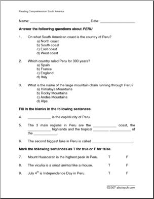 Comprehension: Peru (elementary) | Abcteach