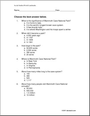 Comprehension: Mammoth Cave (upper elem/middle) – Abcteach