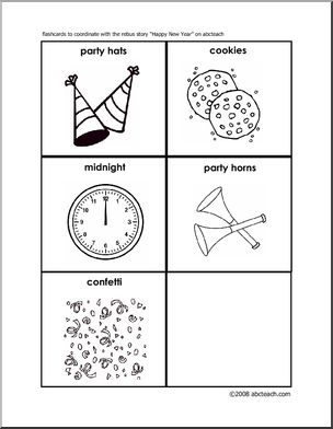 Happy New Year (b/w) – flashcards Rebus – Abcteach