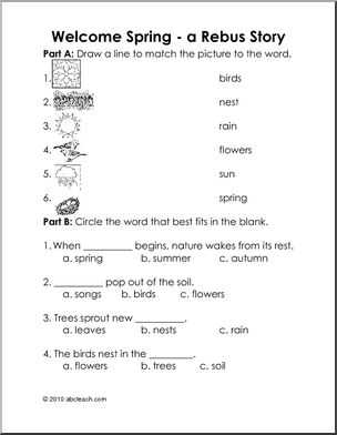 Story Welcome Spring (b/w) (K-1) Rebus I abcteach.com