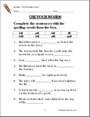 Word Families 1 -- unit 3 "-ill" Spelling I abcteach.com