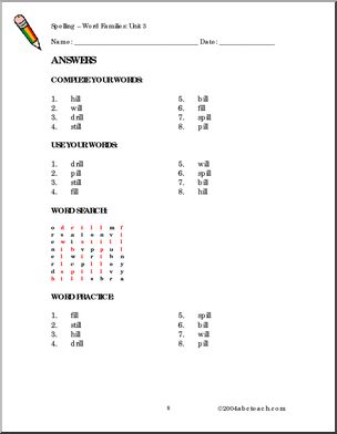Word Families 1 -- unit 3 "-ill" Spelling I abcteach.com