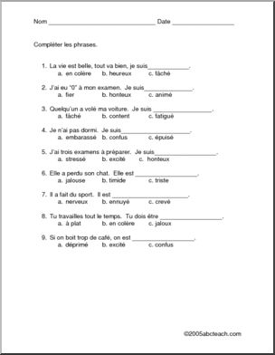 French: Sentiments; PrÃˆsentation du vocabulaire et exercise – Abcteach