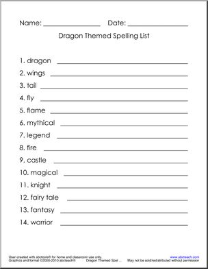 Spelling List: Dragon Theme Words (easy) (k-1) – Abcteach