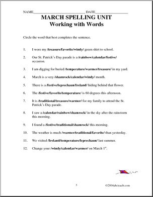 Spelling - March Theme - Grades 4-6 - Printable Lesson