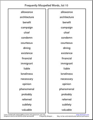 Frequently Misspelled Words (list 10) Spelling Set I abcteach.com
