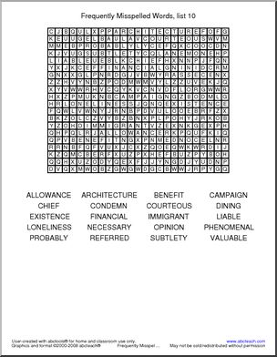 Frequently Misspelled Words (list 10) Spelling Set I abcteach.com