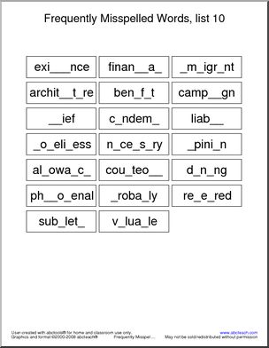 Frequently Misspelled Words (list 10) Spelling Set I abcteach.com