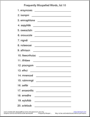 Frequently Misspelled Words (list 10) Spelling Set I abcteach.com