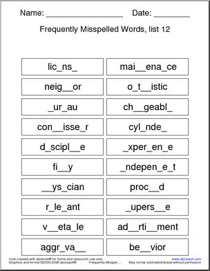 Frequently Misspelled Words (list 12) Spelling Set I abcteach.com