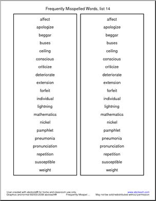 Frequently Misspelled Words (list 14) Spelling Set I abcteach.com