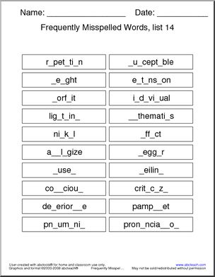 Frequently Misspelled Words (list 14) Spelling Set I abcteach.com